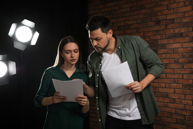 Professional Actors Reading Their Scripts during Rehearsal in Theatre ...