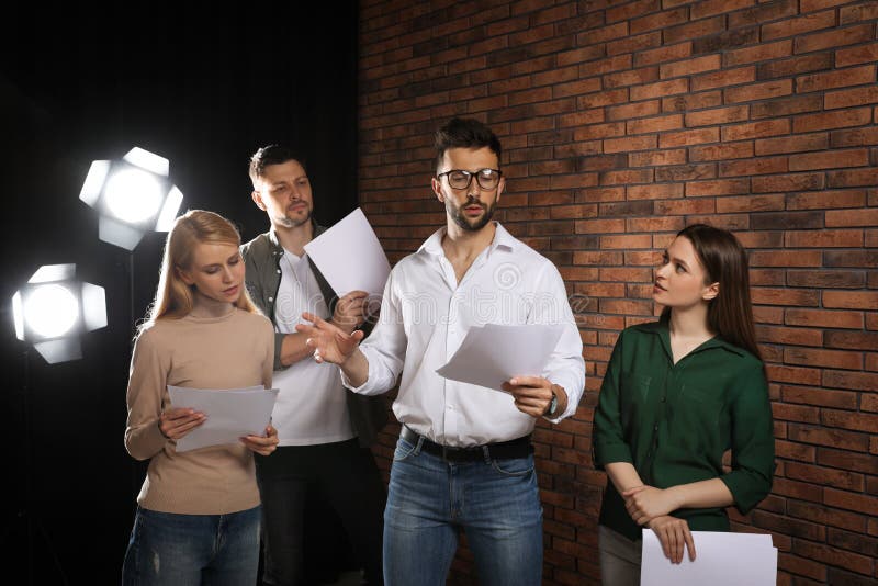 Professional Actors Reading Their Scripts during Rehearsal in Theatre ...