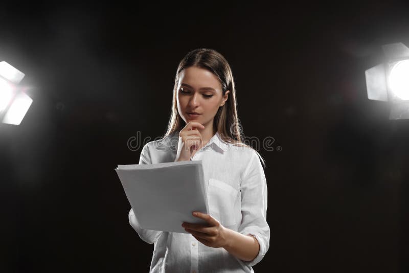 Professional Actress Reading Her Script during Rehearsal in Theatre ...