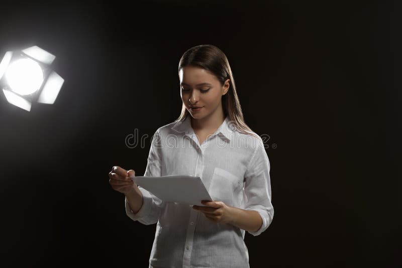 Professional Actress Reading Script during Rehearsal in Theatre Stock ...