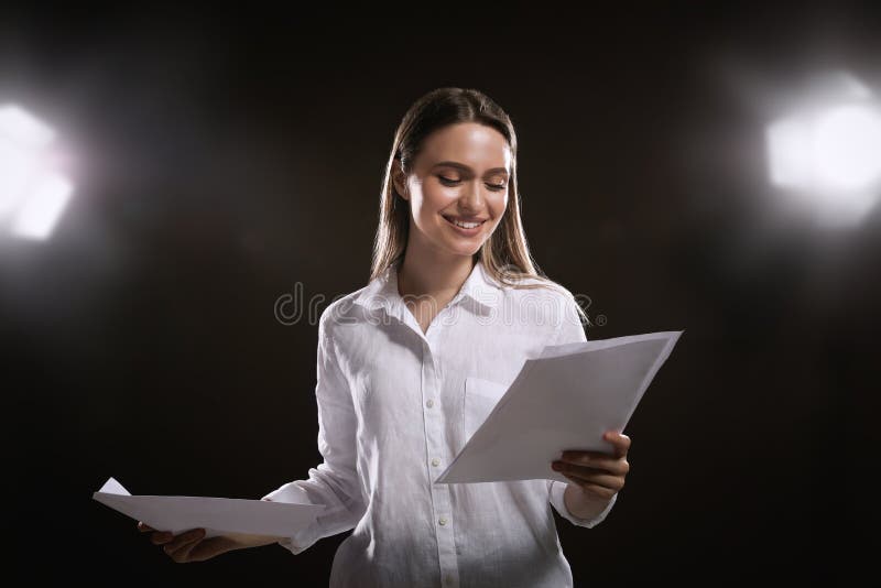 Professional Actress Reading Script during Rehearsal in Theatre Stock ...