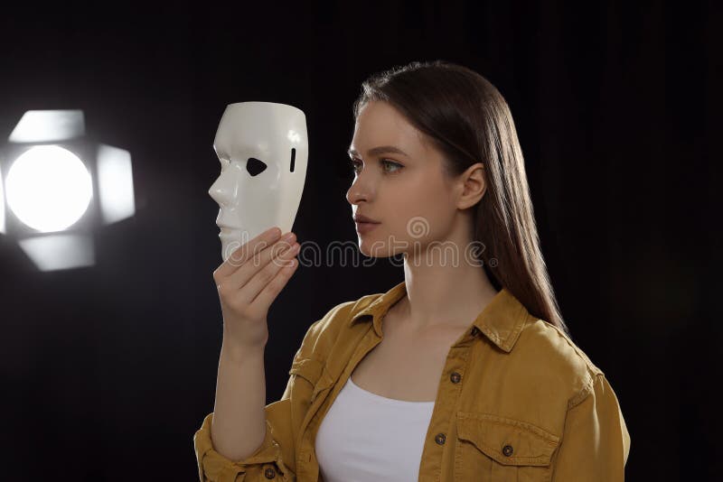 Professional Actress Rehearsing with Mask on Stage Stock Image - Image ...