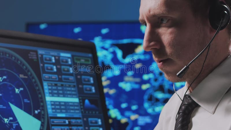 Professional Air Traffic Controller in the Control Tower. Aircraft ...
