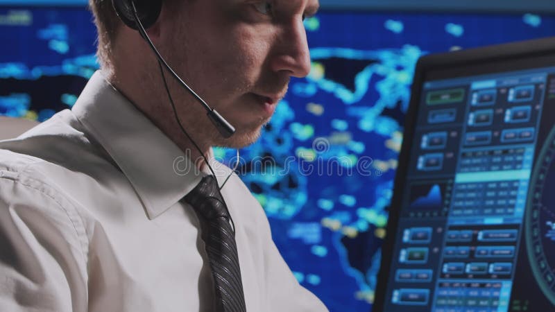 Professional Air Traffic Controller in the Control Tower. Aircraft ...