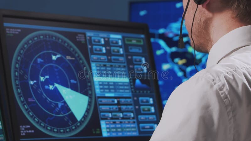 Professional Air Traffic Controller in the Control Tower. Aircraft ...