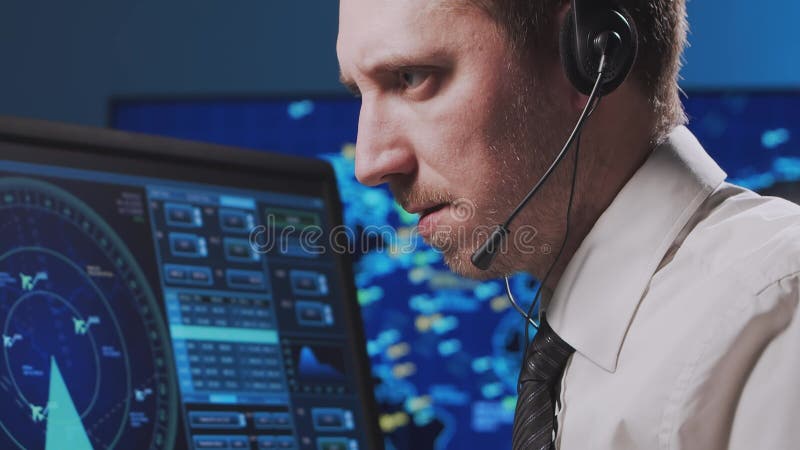 Professional Air Traffic Controller in the Control Tower. Aircraft ...