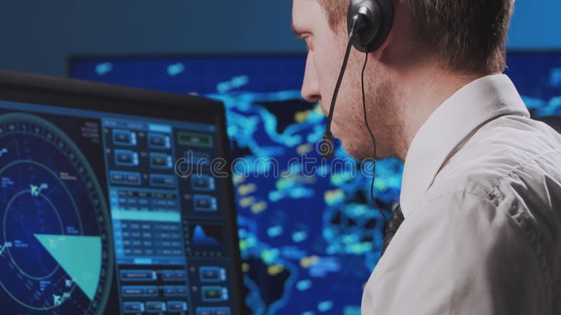 Professional Air Traffic Controller in the Control Tower. Aircraft ...