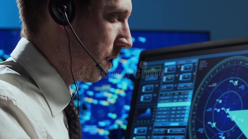 Professional Air Traffic Controller in the Control Tower. Aircraft ...