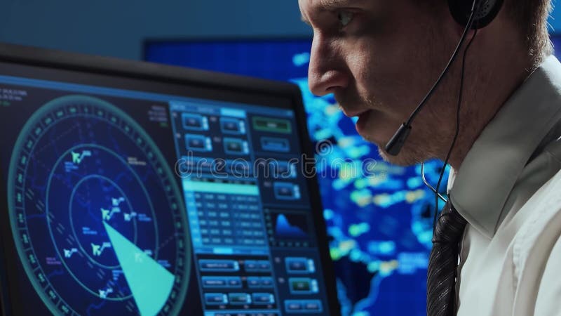 Professional Air Traffic Controller in the Control Tower. Aircraft ...