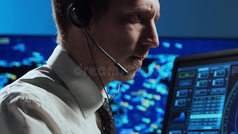 Professional Air Traffic Controller in the Control Tower. Aircraft ...