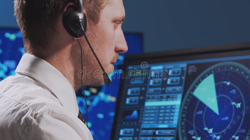Professional Air Traffic Controller in the Control Tower. Aircraft ...