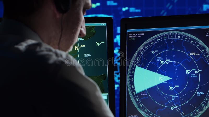 Professional Air Traffic Controller in the Control Tower. Aircraft ...