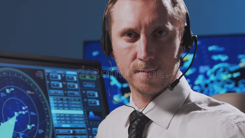 Professional Air Traffic Controller in the Control Tower. Aircraft ...
