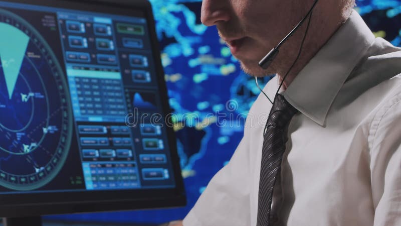 Professional Air Traffic Controller in the Control Tower. Aircraft ...