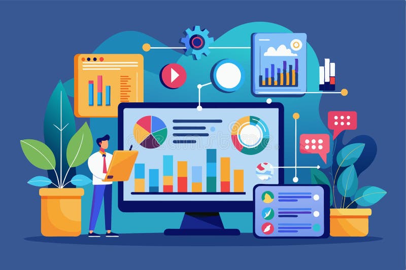 A Professional Analyses Data on a Large Screen Surrounded by Charts ...