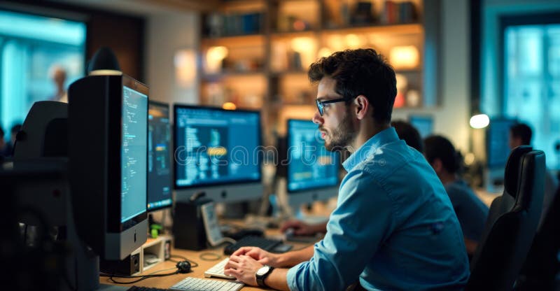 Professional Analyst Working at Multi-monitor Computer Setup in Modern ...