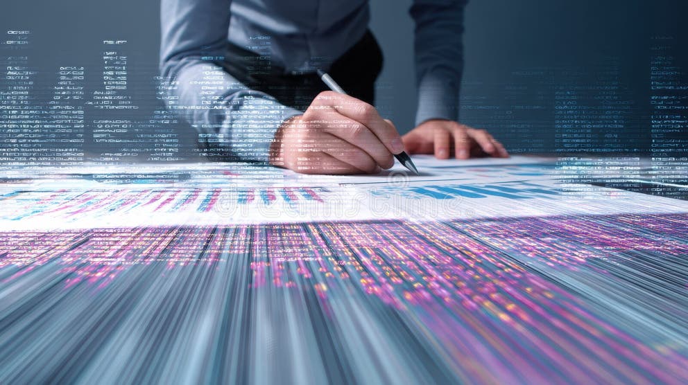 Professional Analyzing Data Charts and Graphs on Desk, with Digital ...