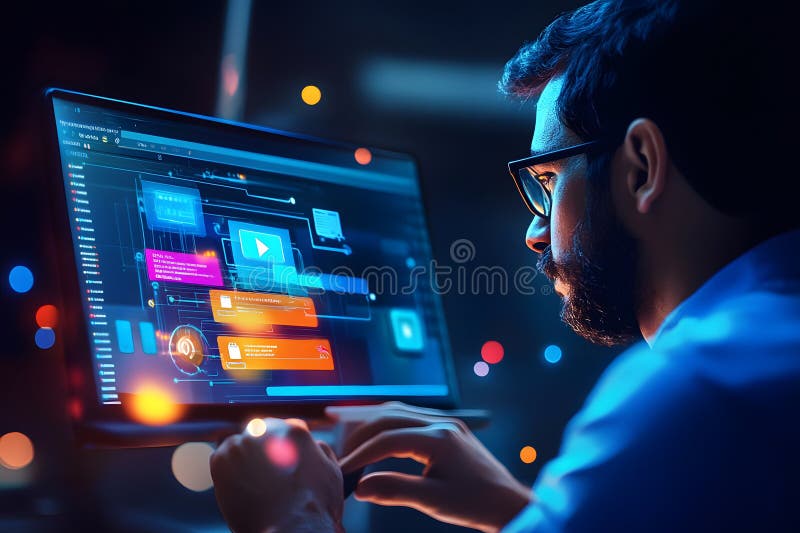 Professional Analyzing Digital Data on Monitor with Colorful Interface ...