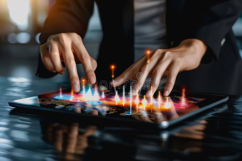Professional Analyzing Dynamic Charts on Futuristic Holographic Tablet ...