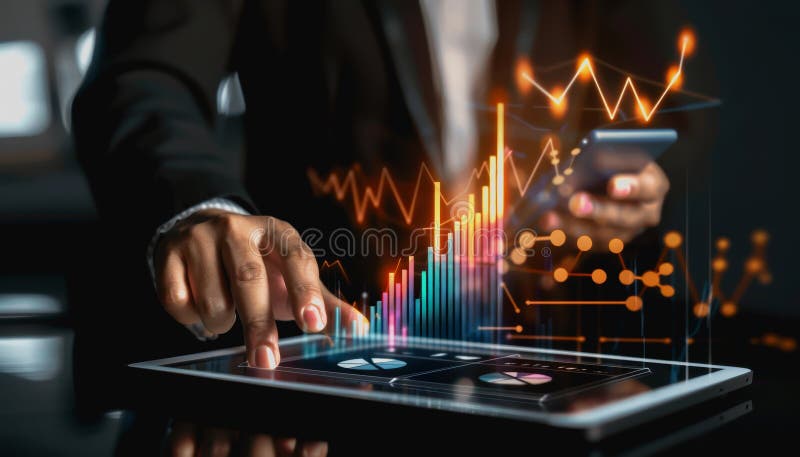 Professional Analyzing Dynamic Charts on Futuristic Holographic Tablet ...