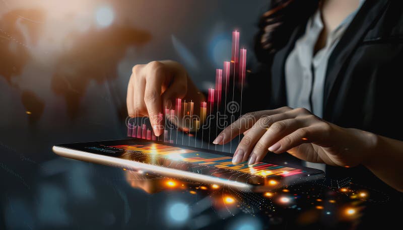 Professional Analyzing Dynamic Charts on Futuristic Holographic Tablet ...