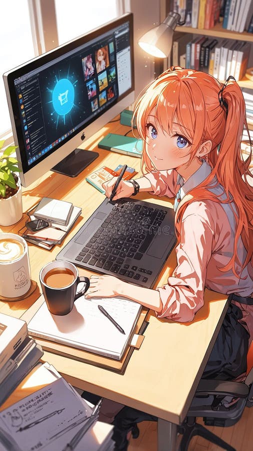 Professional Anime Workspace with Coffee Cups Notebooks and Laptops ...