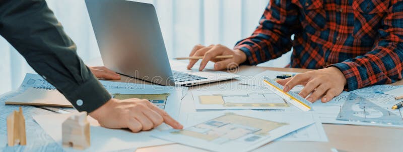 Professional Architect Design a Blueprint by Using Laptop. Closeup ...