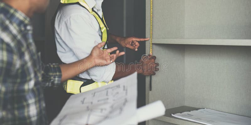 Professional Architect Designer Structural Engineer Team Colleagues Discussing Building Plan ...