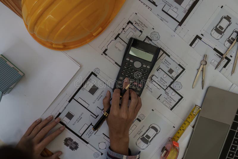 Professional Architect Designer Structural Engineer Working with Blueprint Design Project Stock ...