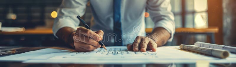 Professional Architect or Designer Working on Blueprints at a Desk in ...