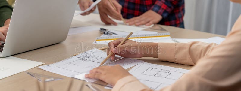 Professional Architect Drawing Blueprint during Meeting. Closeup ...