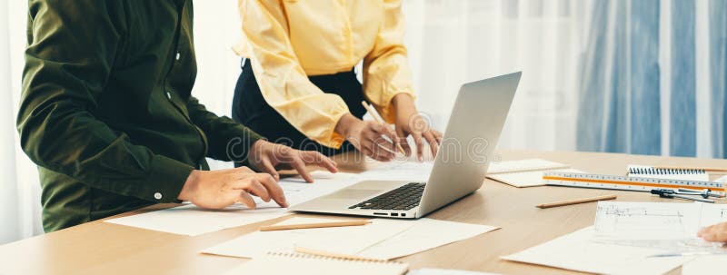 Professional Architect Edited Blueprint by Using Laptop. Closeup ...