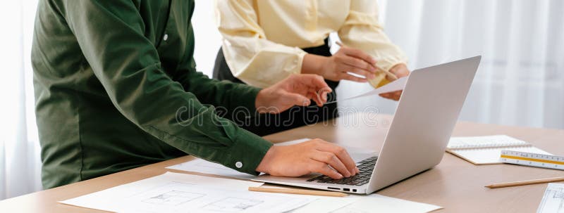 Professional Architect Edited Blueprint by Using Laptop. Closeup ...