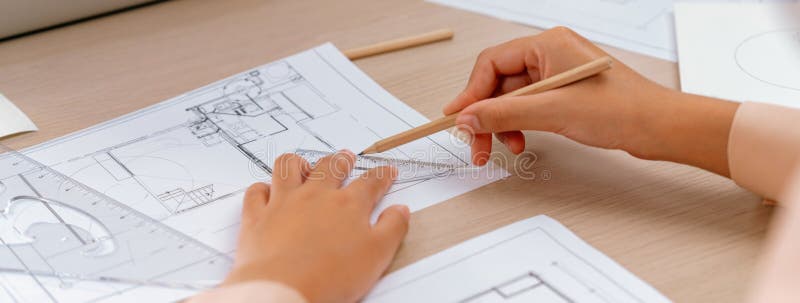 Professional Architect Hand Drawing a Blueprint on Table. Closeup ...