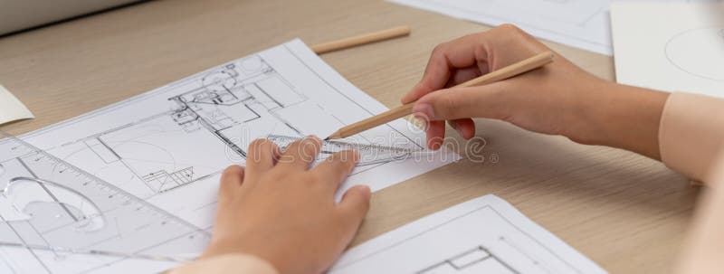 Professional Architect Hand Drawing a Blueprint on Table. Closeup ...