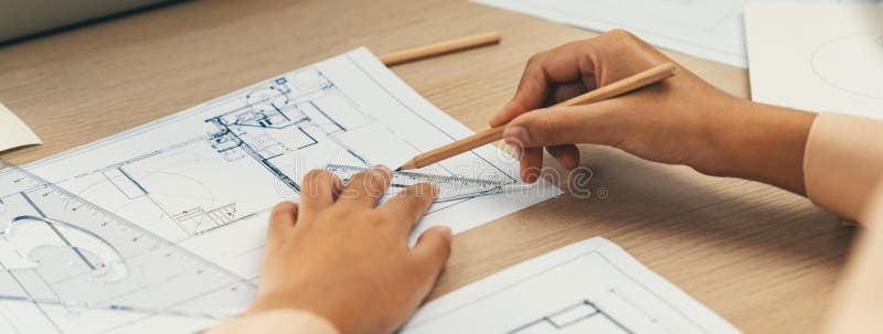 Professional Architect Hand Drawing a Blueprint on Table. Closeup ...