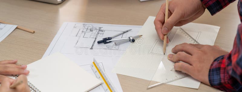Professional Architect Hand Drawing a Blueprint on Table. Closeup ...
