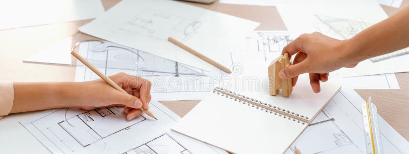 Professional Architect Hand Draw a Blueprint on Table. Closeup ...
