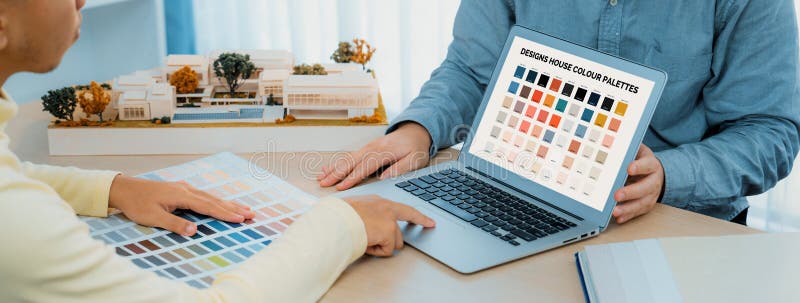 Interior Designer Team Presents Color Selection by Using Laptop ...