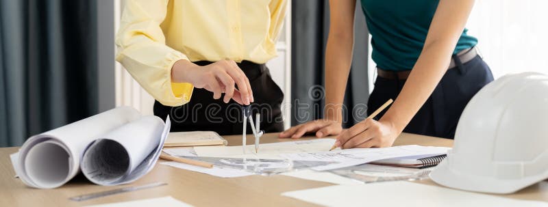 Professional Architect Used Divider Measure during Draft Blueprint ...