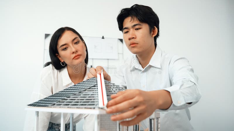 Professional Architect Team Using Ruler Measuring Model Roof Length ...