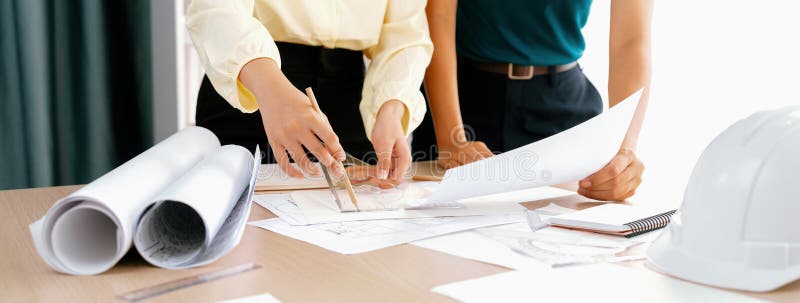 Professional Architect Used Divider Measure during Draft Blueprint ...