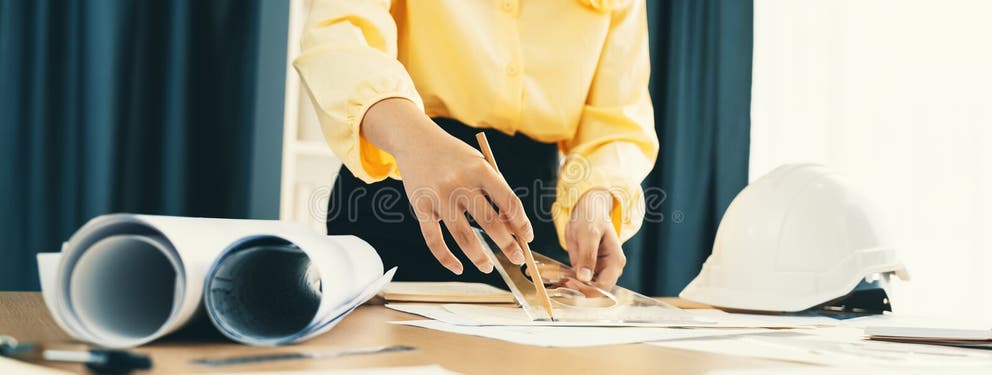 Professional Architect Used Divider Measure during Draft Blueprint ...