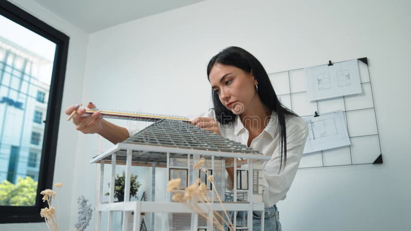 Professional Architect Using Ruler Measuring Model Roof Length ...