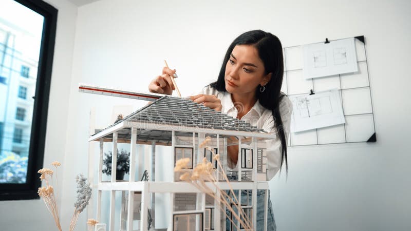 Professional Architect Using Ruler Measuring Model Roof Length ...
