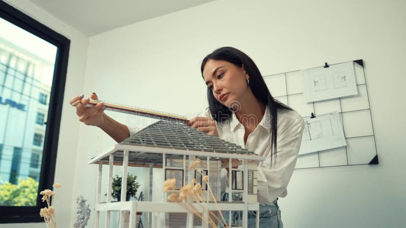 Professional Architect Using Ruler Measuring Model Roof Length ...