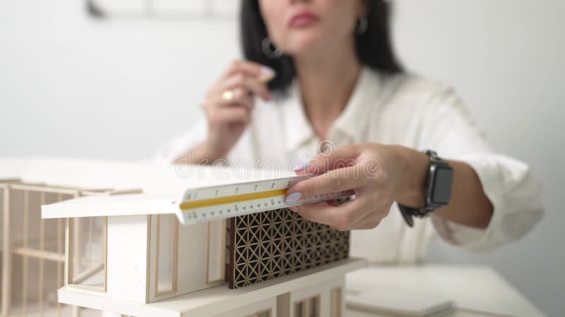 Professional Architect Using Triangular Scale Measure House Model ...
