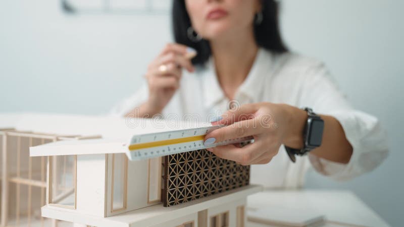 Professional Architect Using Triangular Scale Measure House Model ...