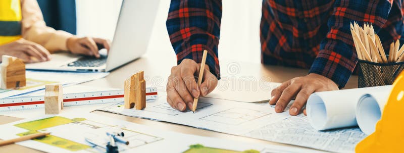 Professional Architect Working with Blueprint at Meeting. Close Up ...