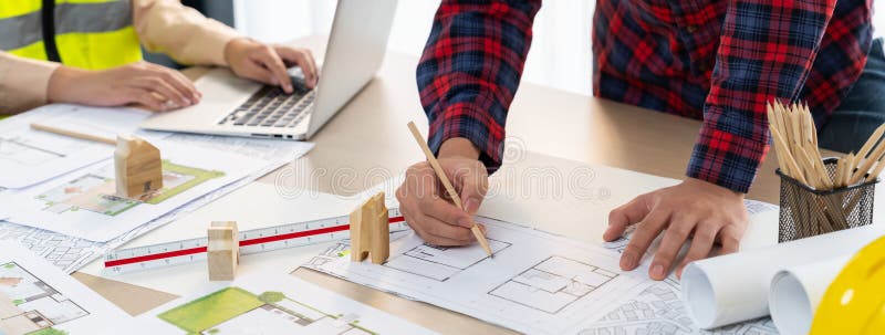 Professional Architect Working with Blueprint at Meeting. Close Up ...